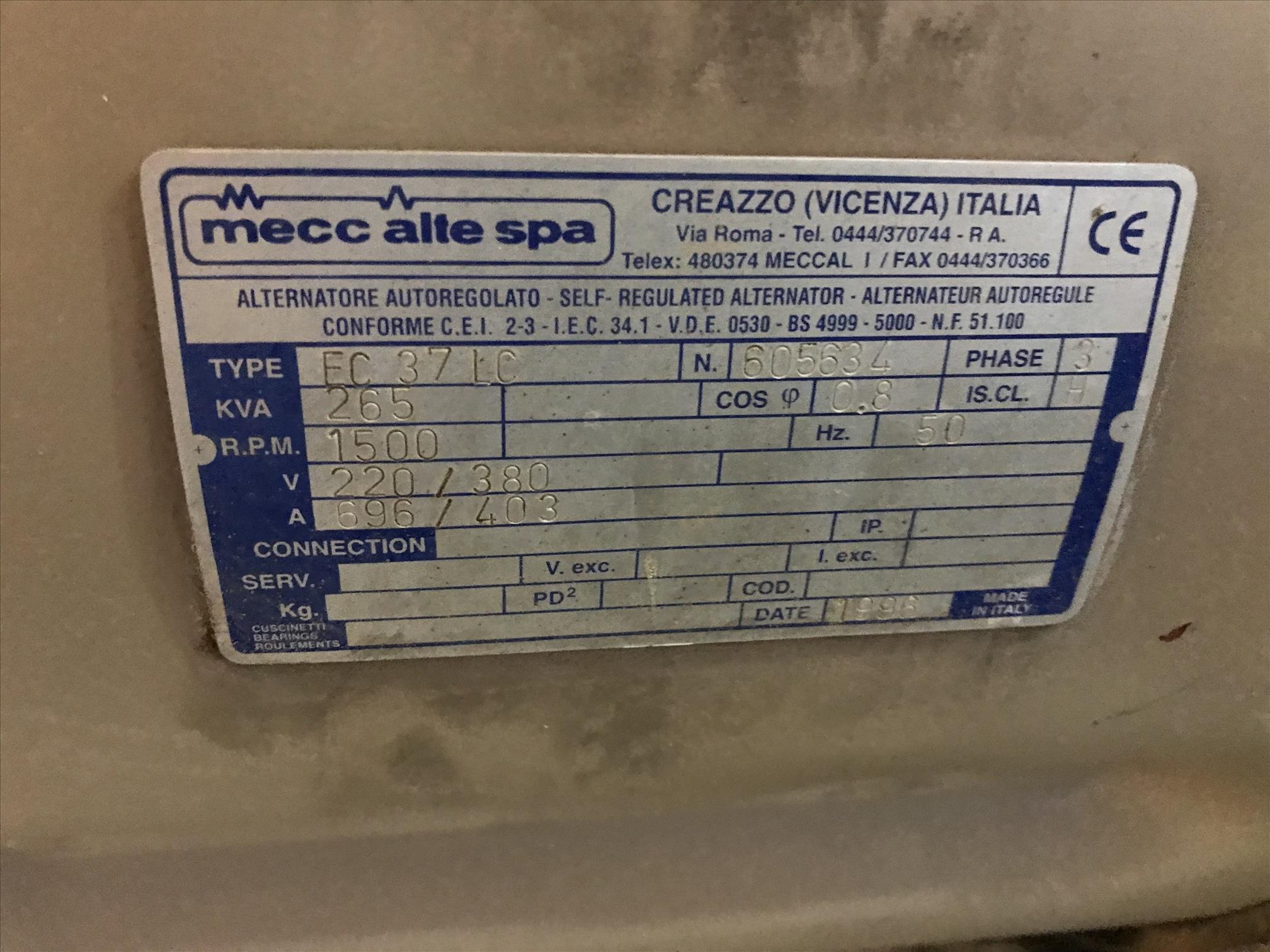 Aksa AC 250 kVA, Cummins Engine, 1996 Model, 839 Hours, C